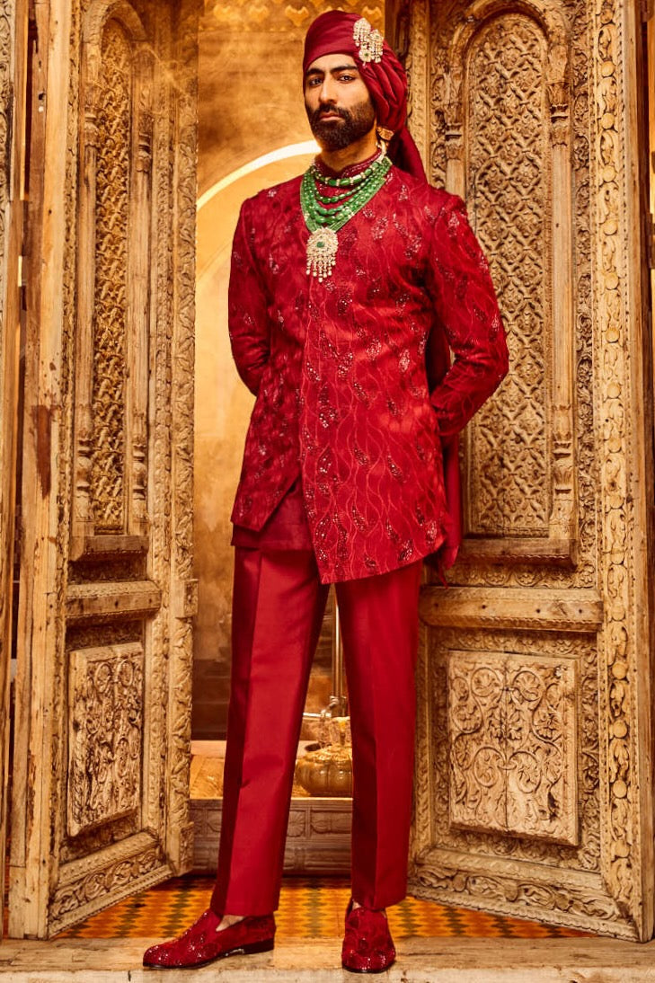 Deep Red Chanderi Silk Asymmetrical Sherwani – Asuka Couture